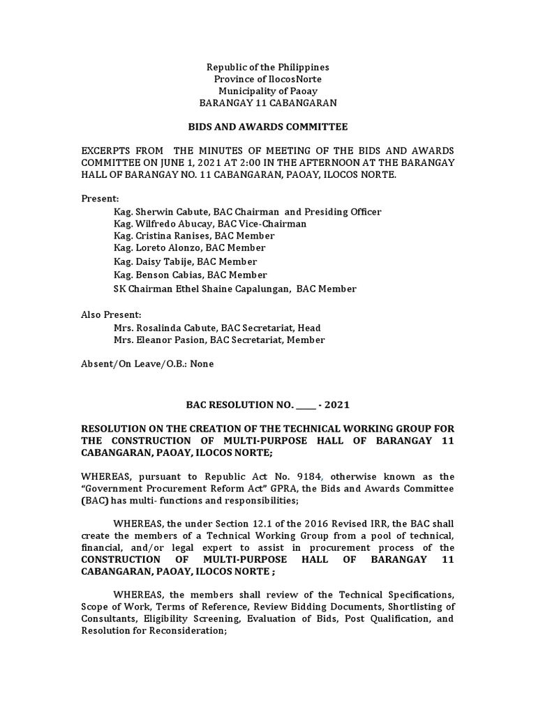 Bac Resolution of Creation of TWG - Cabangaran | PDF | Procurement ...