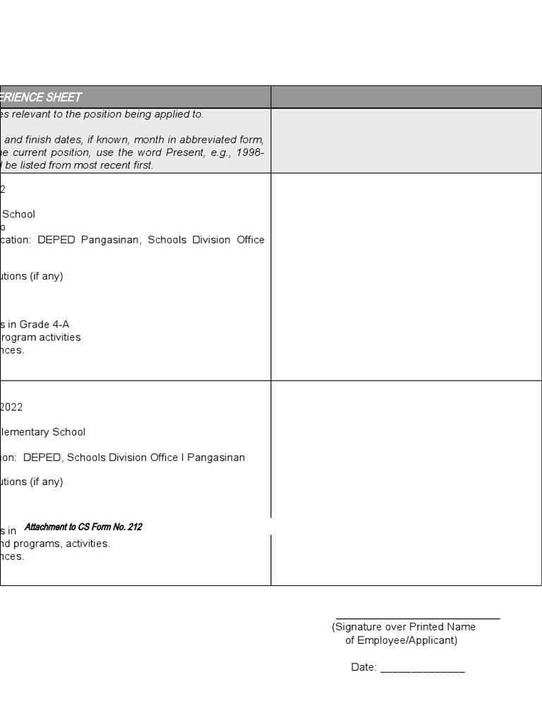 CS Form No. 212 Attachment Work Experience Sheet Final | PDF