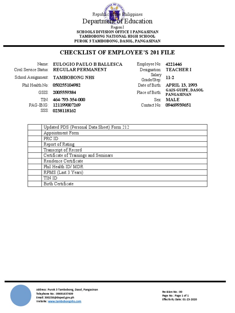 Employee 201 File Checklist for Teachers | PDF