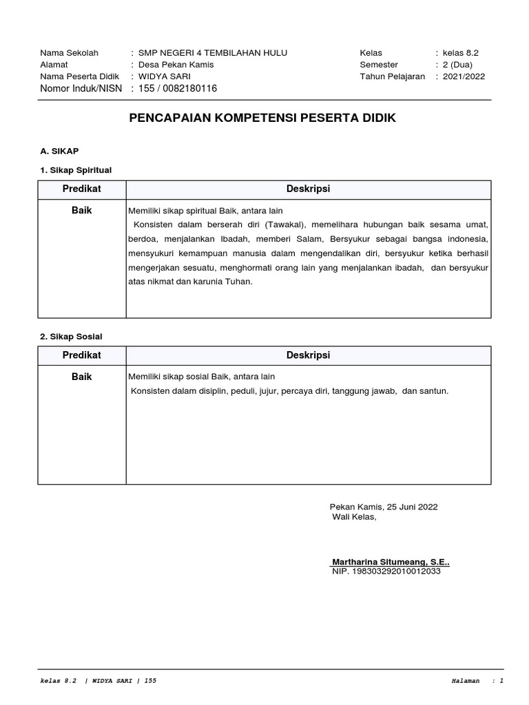 Rapor - WIDYA SARI - 20212 | PDF