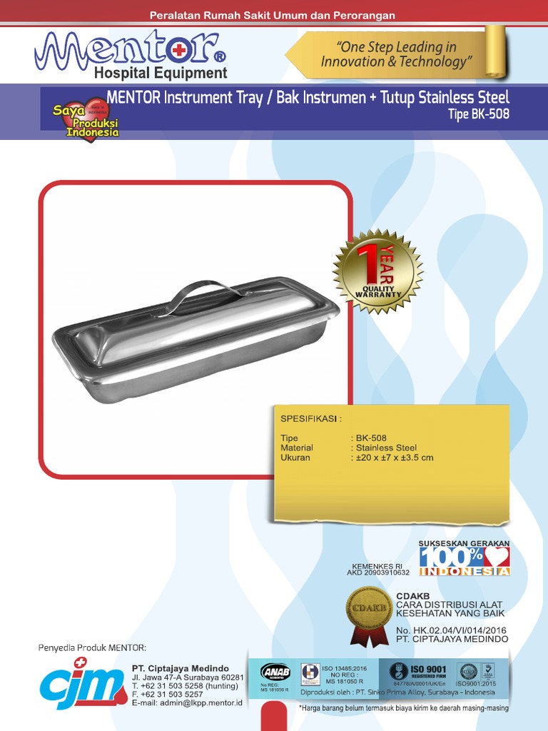 Brosur MENTOR Instrument Tray - Bak Instrumen + Tutup Stainless Steel ...