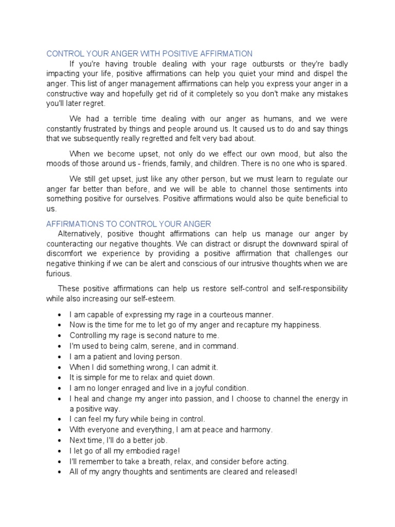 Control Your Anger With Positive Affirmation | PDF | Anger | Thought