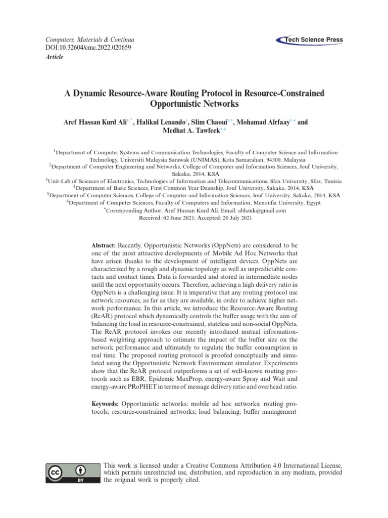 A Dynamic Resource-Aware Routing Protocol in Opportunistic Networks | PDF | Routing | Computer ...