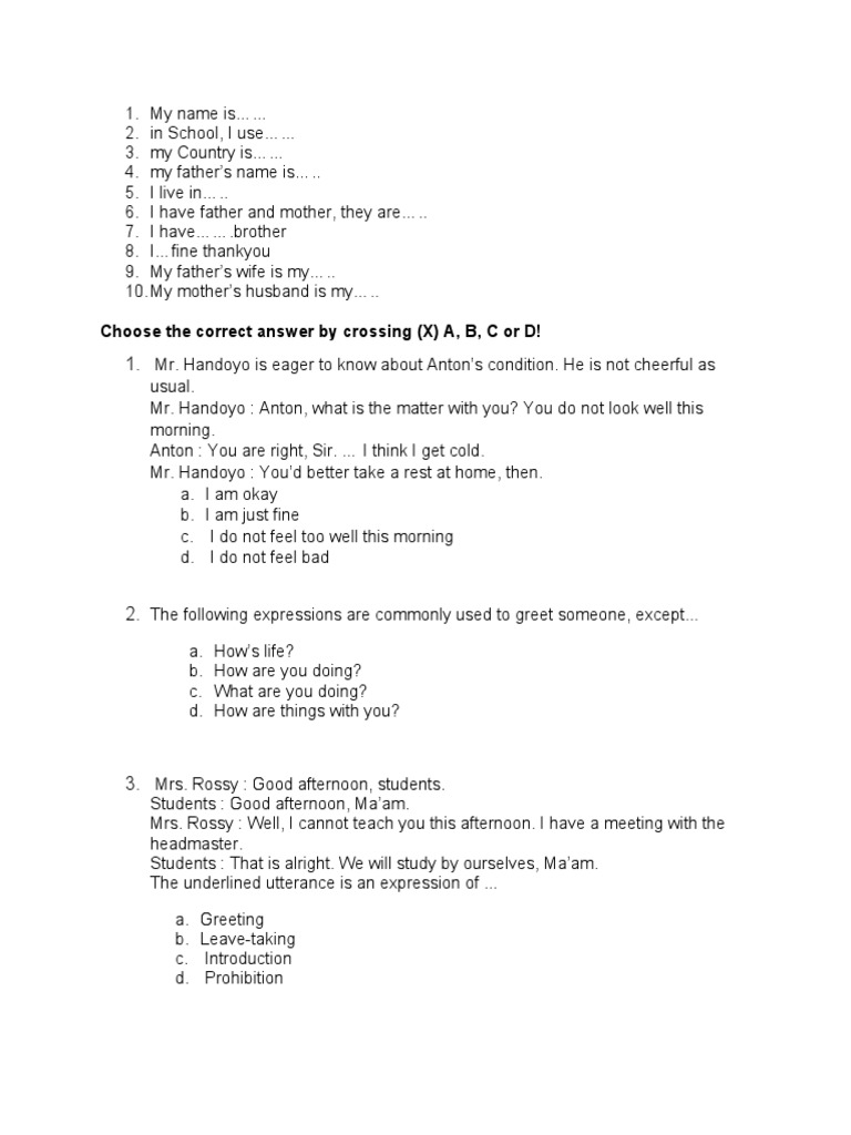Choose The Correct Answer by Crossing (X) A, B, C or D! | PDF ...