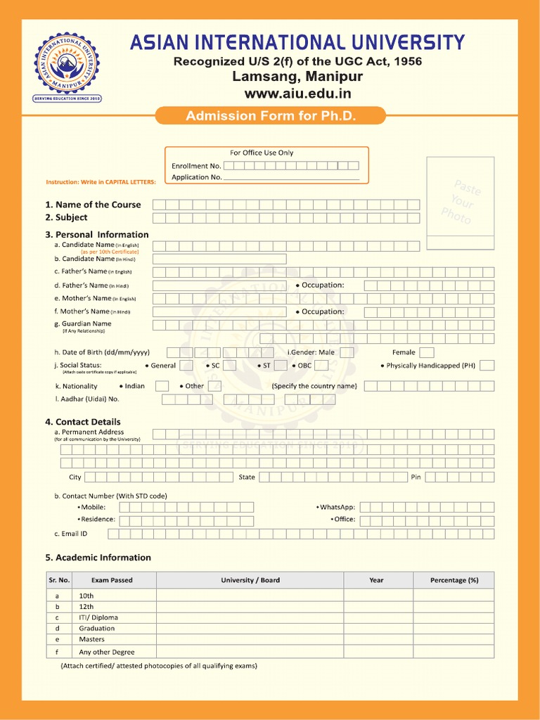 AIU Ph.D. Admission Form | PDF