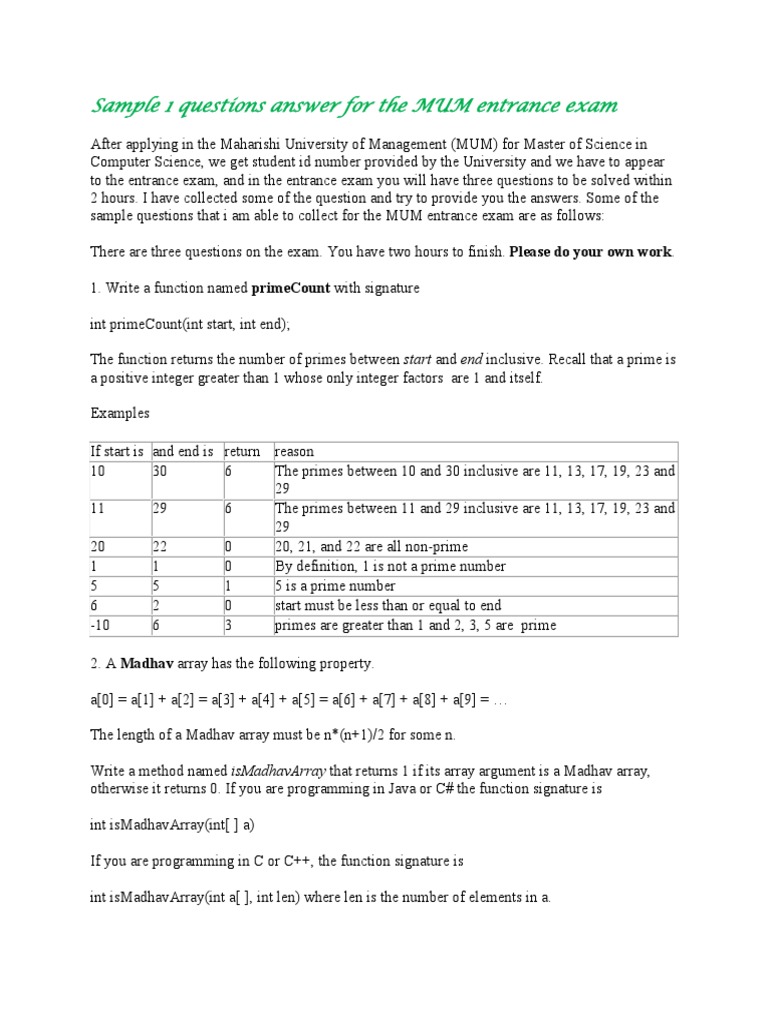 Sample 1 Questions Answer For The MUM Entrance Exam | PDF | Integer (Computer Science) | Array ...