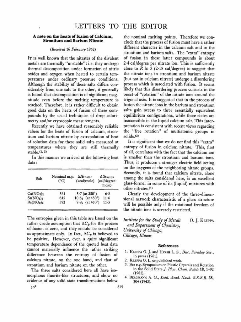 1962 Heat of Fusion of Calcium, Strontium and Barium Nitrates | PDF ...