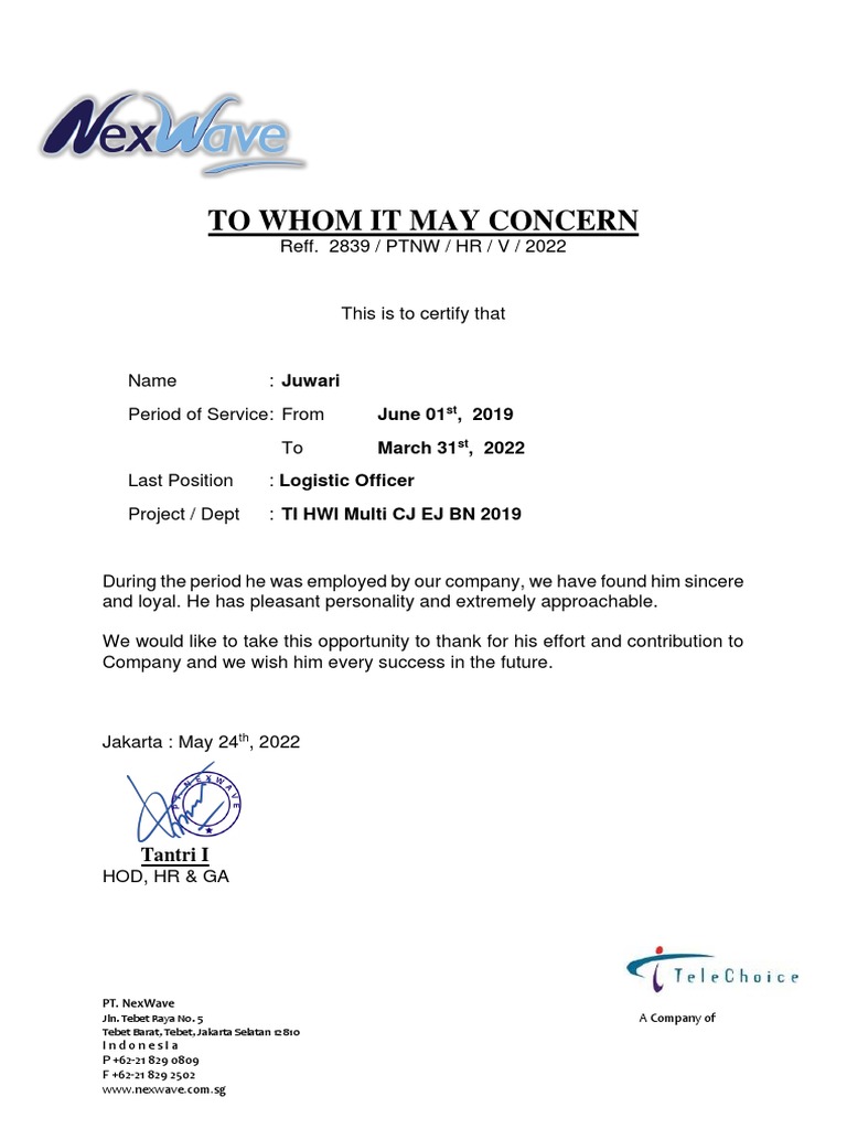 Employment Certificate for Juwari | PDF | Career & Growth | Finance ...