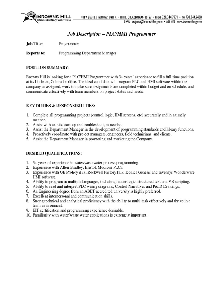 Job Description - PLC/HMI Programmer: Job Title: Reports To | PDF