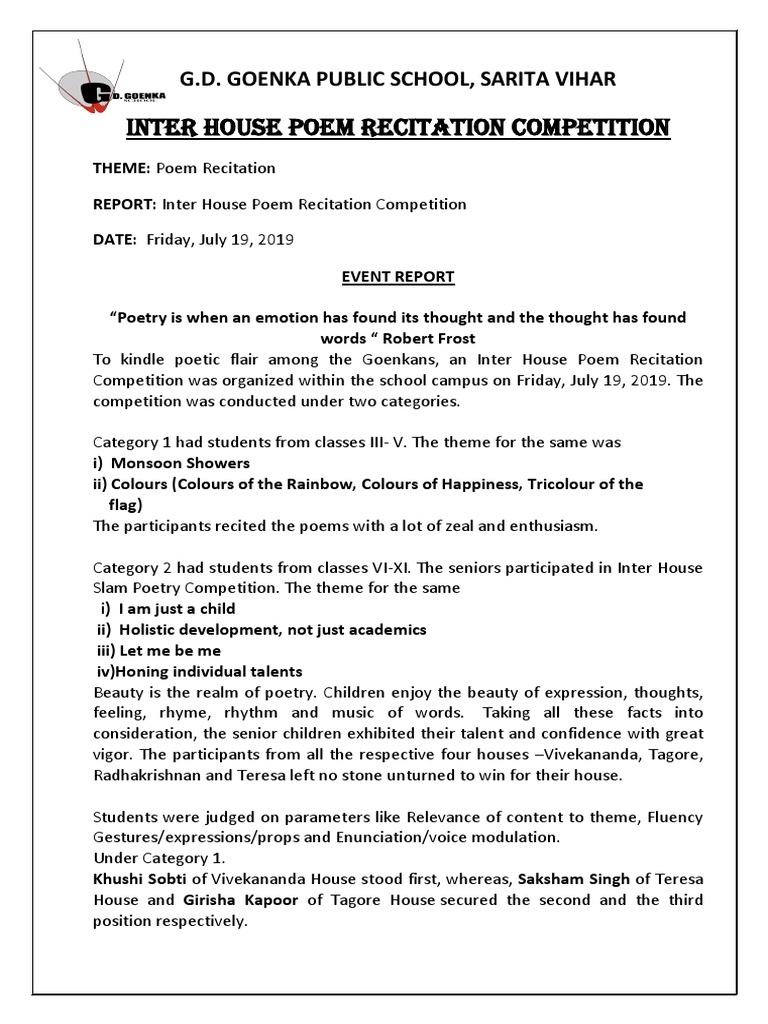 Interhouse Poem Racitation Competition | PDF