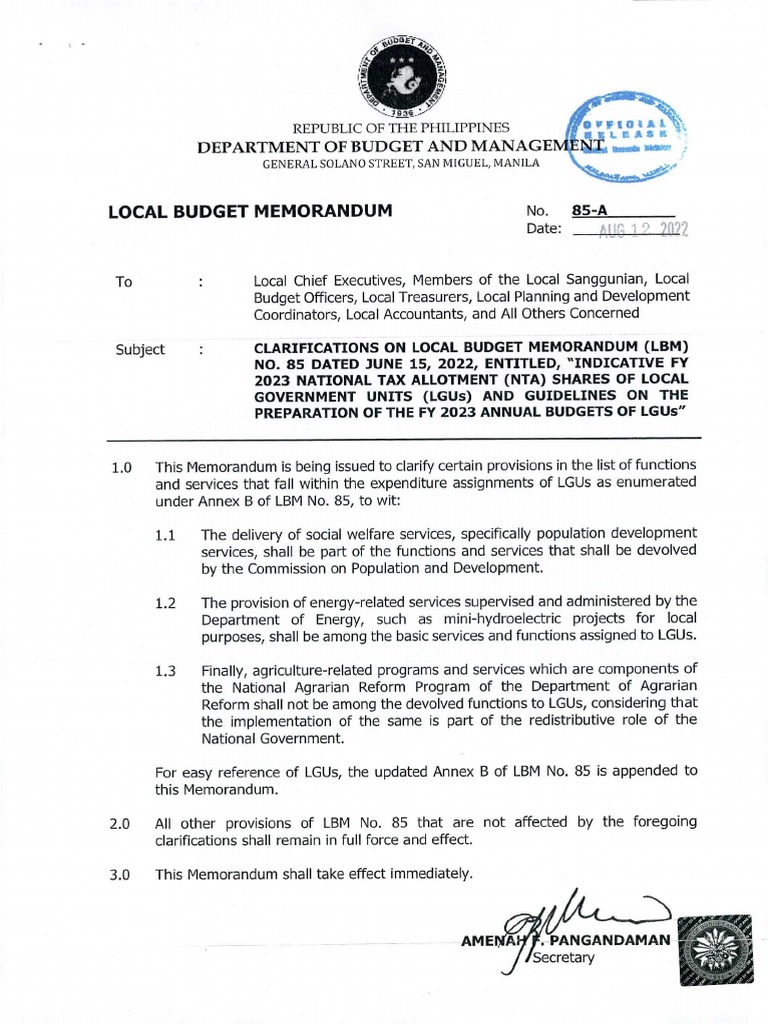 Local Budget Memorandum: Republic OF THE Philippines Department Budget ...