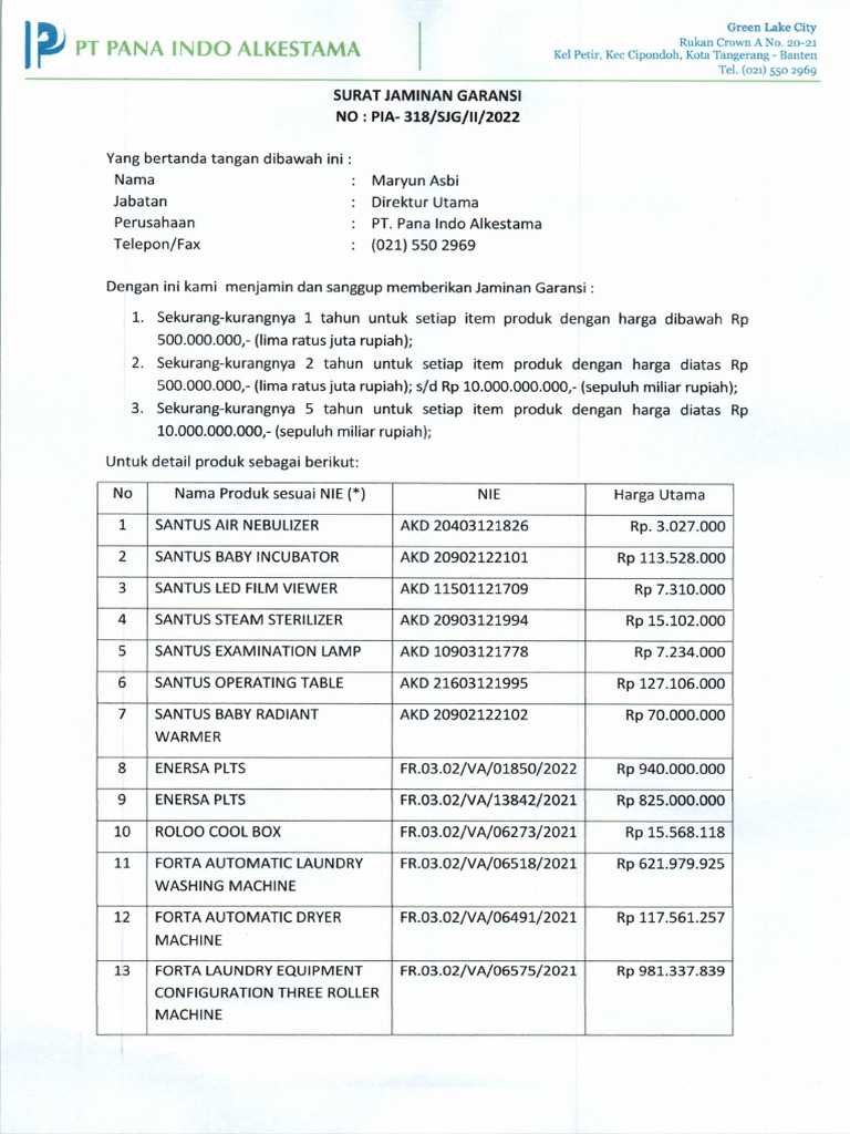 Surat Jaminan Garansi | PDF