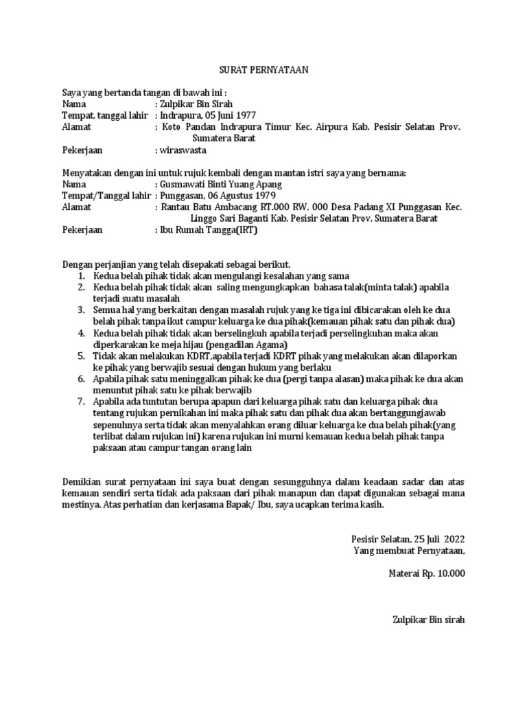 Contoh Surat Pernyataan Rujuk Kembali Dengan Perjanjian 1 | PDF | Hukum