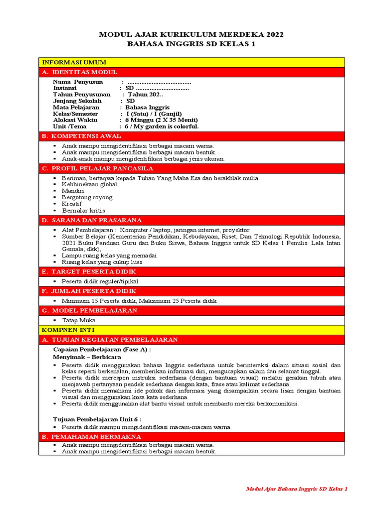 Modul Ajar B.inggirs Bab 6 Kelas 1 | PDF