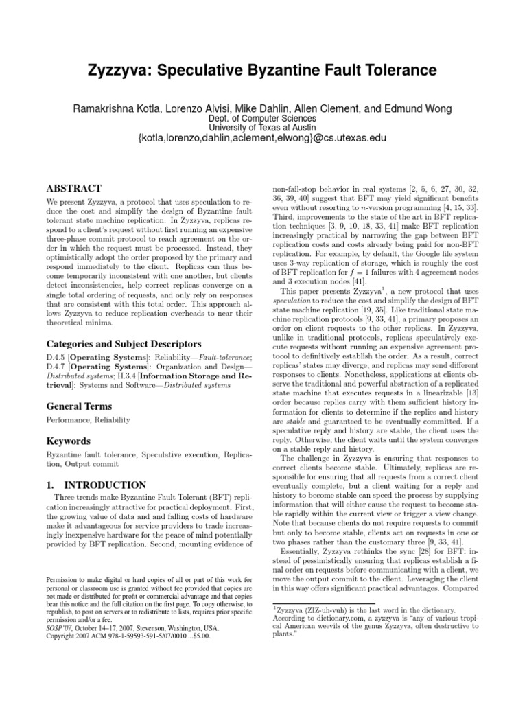 Zyzzyva: Speculative Byzantine Fault Tolerance | PDF | Replication (Computing) | Transmission ...