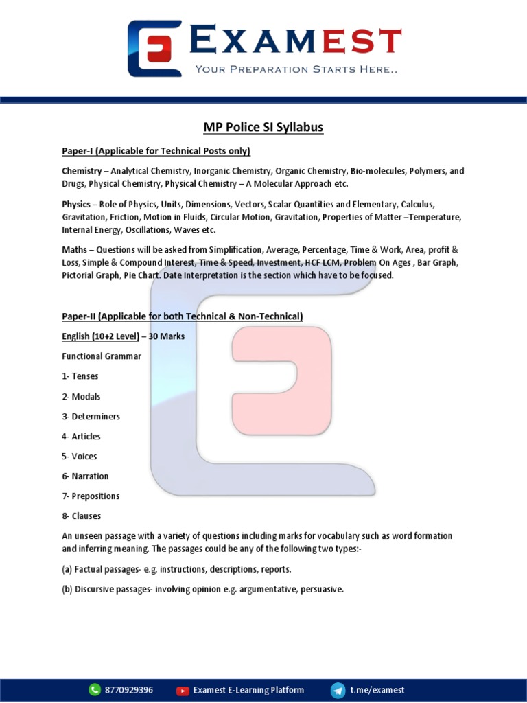MP Police SI Syllabus: Paper-I (Applicable For Technical Posts Only ...