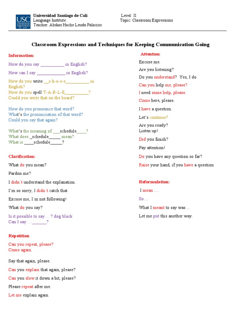 Classroom Expressions and Techniques For Communication | PDF | Foreign ...