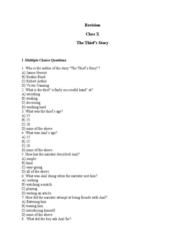 Revision Class X The Thief's Story: I .Multiple Choice Questions | PDF