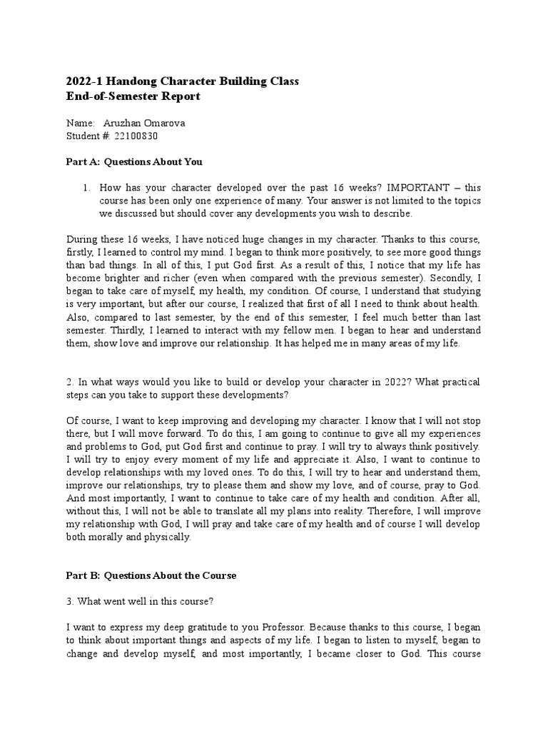 Developing Character Through Mindfulness, Health, and Relationships: An End-of-Semester ...