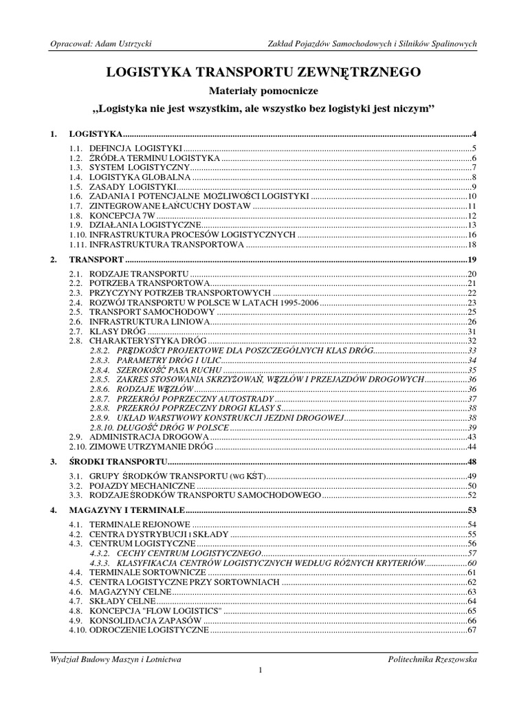 Logistyka Transportu Zewnetrznego Materialy Pomocnicze | PDF