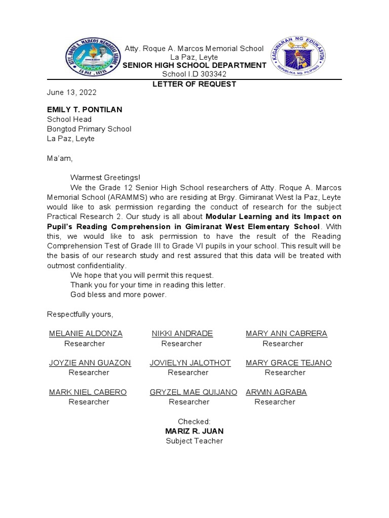 Requesting Reading Test Results for Research on Modular Learning | PDF