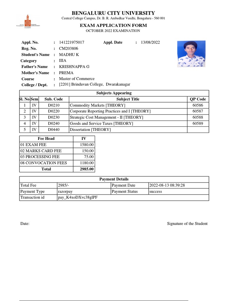 Bengaluru City University: Exam Application Form | PDF | Payments ...