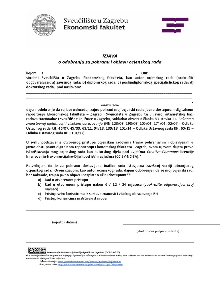 Izjava o Odobrenju Za Pohranu I Objavu Ocjenskog Rada | PDF