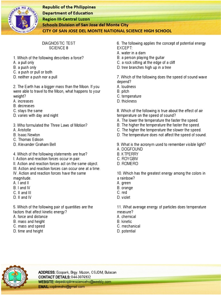 Grade 8-Diagnostic Test | PDF | Atoms | Earthquakes