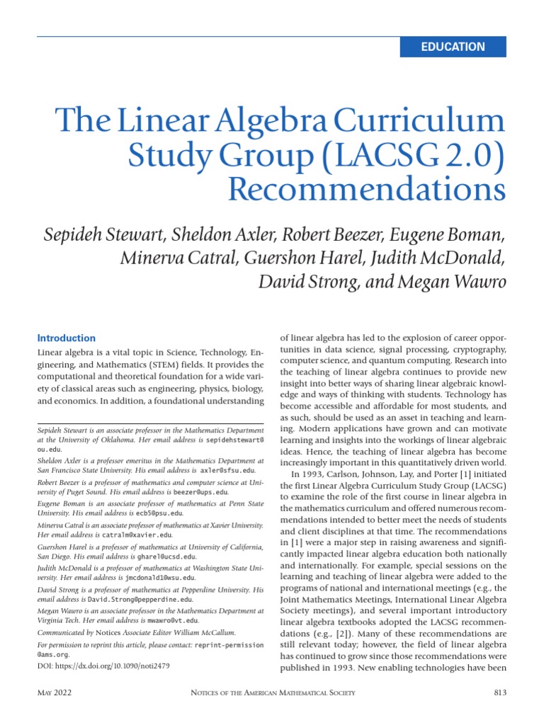 The Linear Algebra Curriculum Study Group (LACSG 2.0) Recommendations | PDF | Matrix ...
