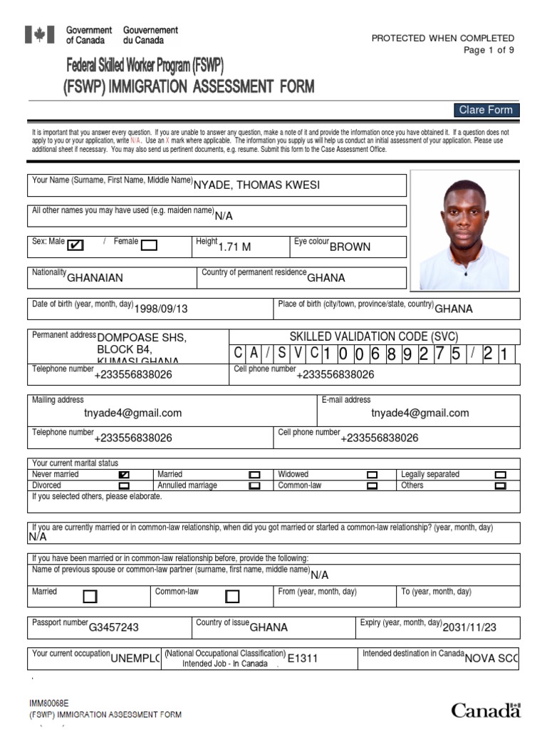 Federal Skilled Worker Program Immigration-Assessment-Form 1 | PDF ...