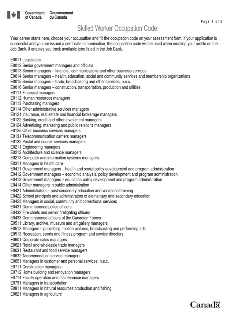 National Occupational Classification Code (997) Canada | PDF