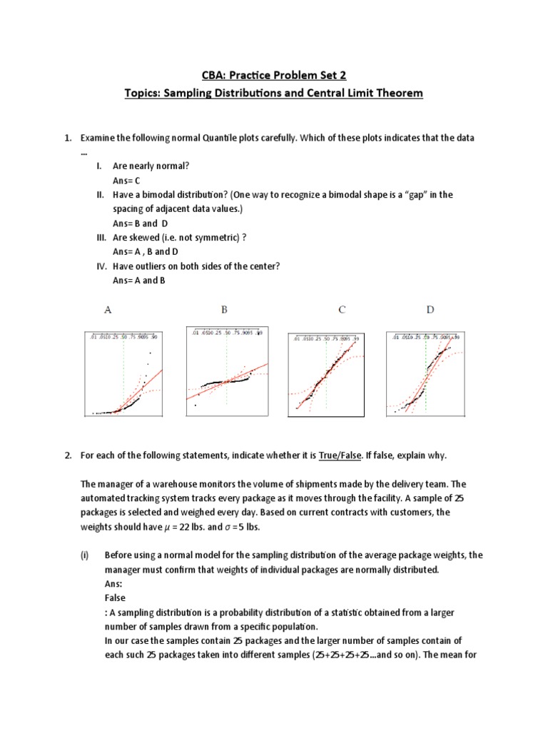 Cba Practice Problem Set 2 Topics Sampling Distributions And Central Limit Theorem Pdf