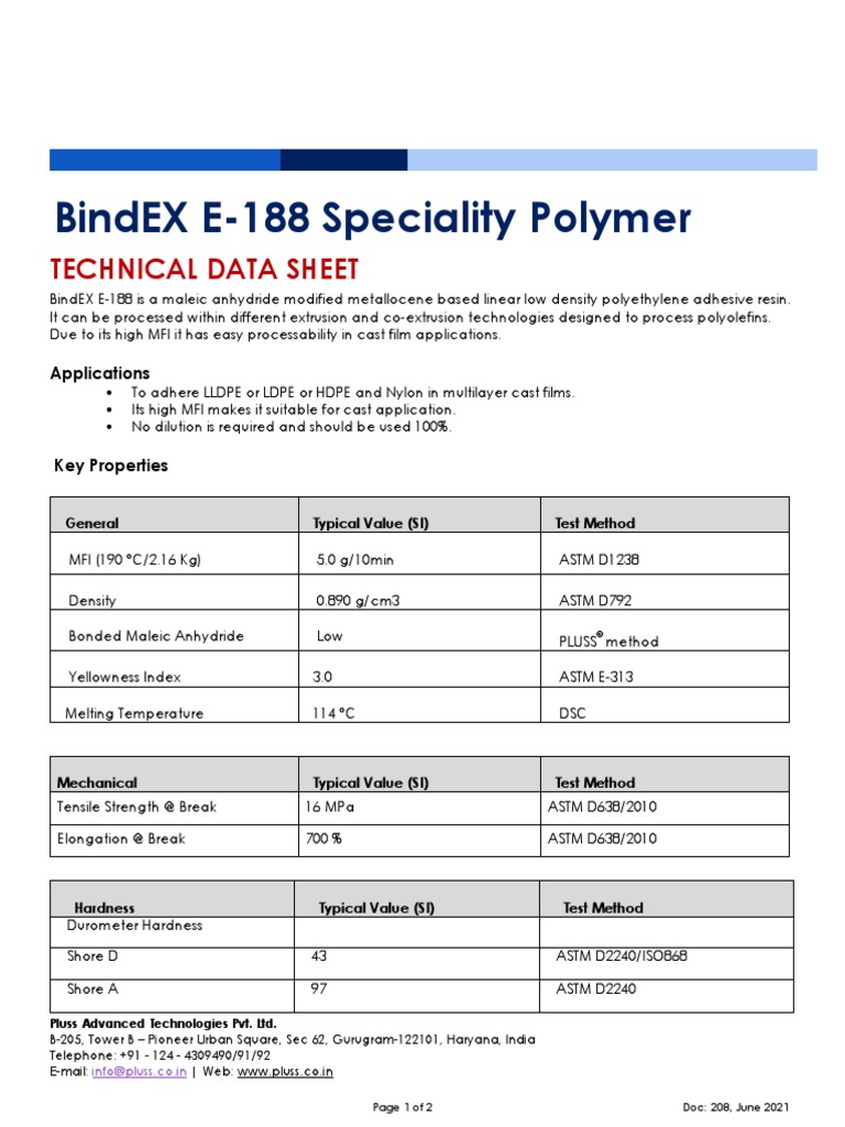 Bindex E-188 Speciality Polymer: Technical Data Sheet | PDF | Polyethylene | Materials