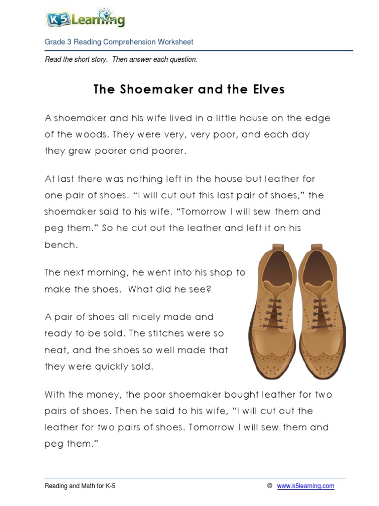 The Shoemaker and The Elves: Grade 3 Reading Comprehension Worksheet ...