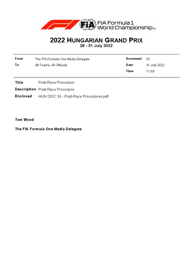 33 - 2022 Hungarian Grand Prix - Post-Race Procedure | PDF | Formula ...