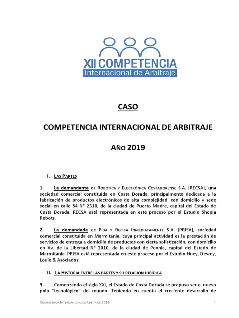 2019 - Competencia Arbitraje El Caso | PDF | Arbitraje | Tratado