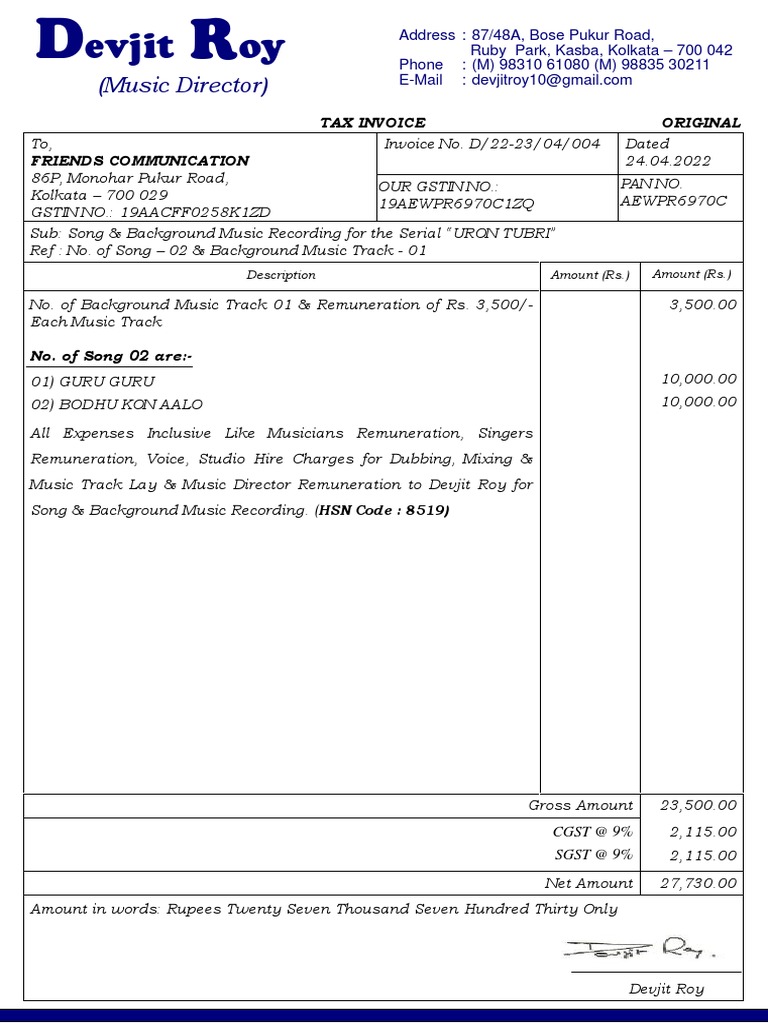 Tax Invoice of Devjit Roy For Uron Tubri | PDF