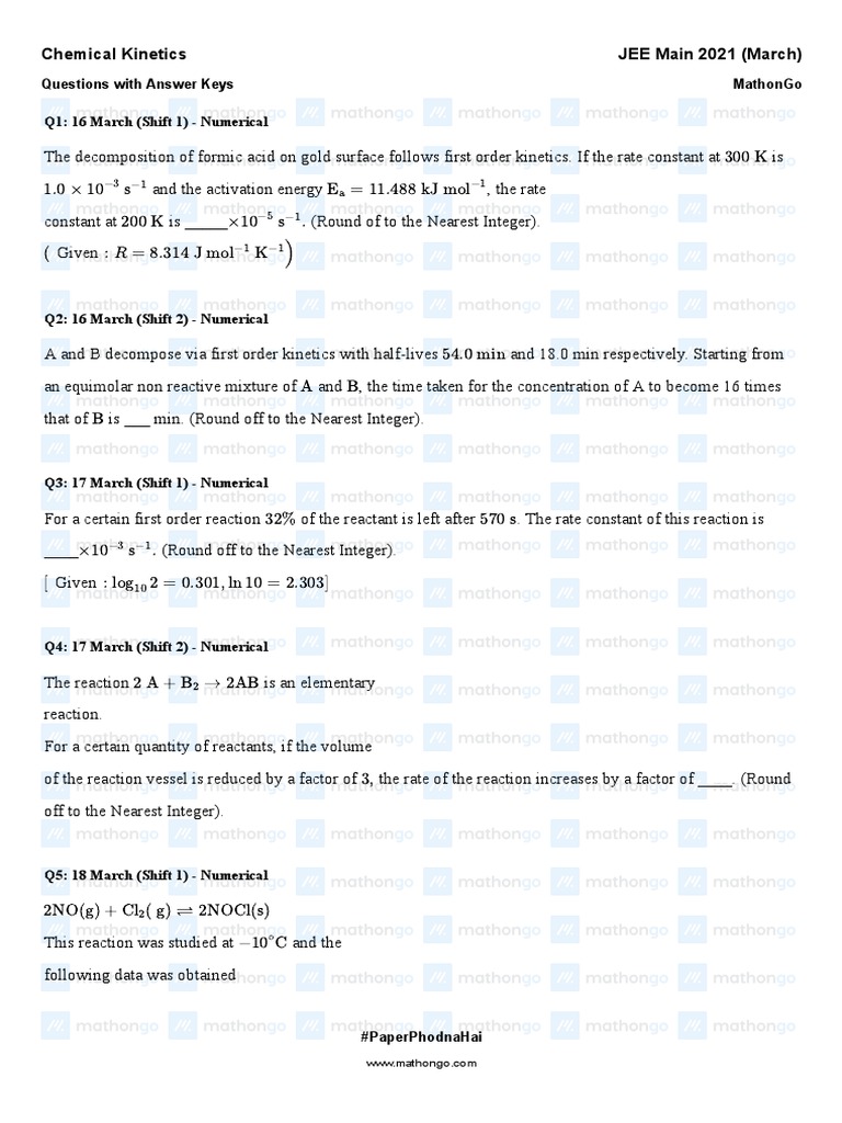 Chemical Kinetics Questions and Answers: Rate Constants, Reaction ...