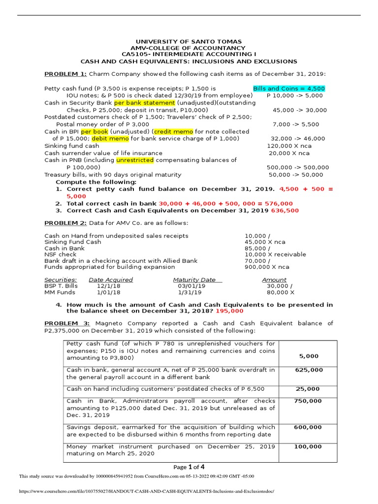 HANDOUT CASH AND CASH EQUIVALENTS Inclusions and Exclusions | PDF ...