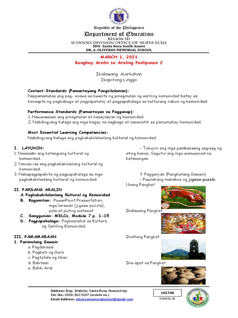 Banghay Aralin Sa Araling Panlipunan 2 Ikalawang Markahan Ikapitong Linggo | PDF