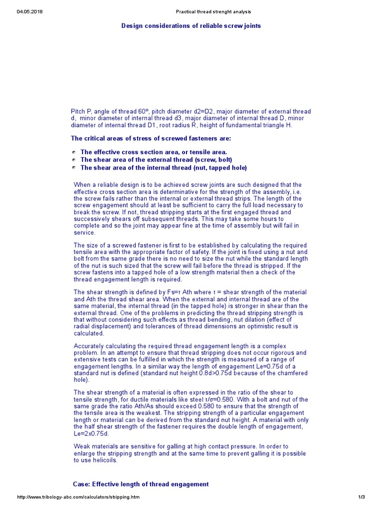 Practical Thread Strenght Analysis | PDF | Screw | Strength Of Materials