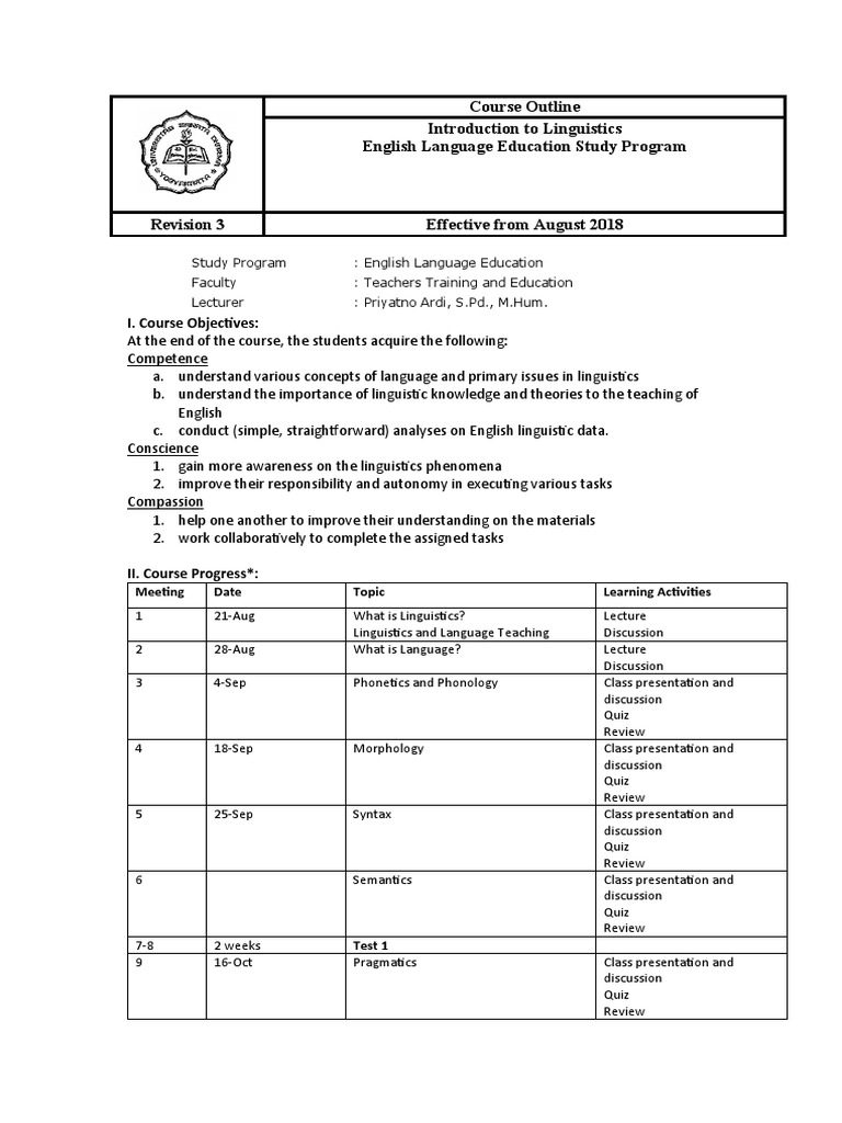 Course Outline Introduction To Linguistics English Language Education ...