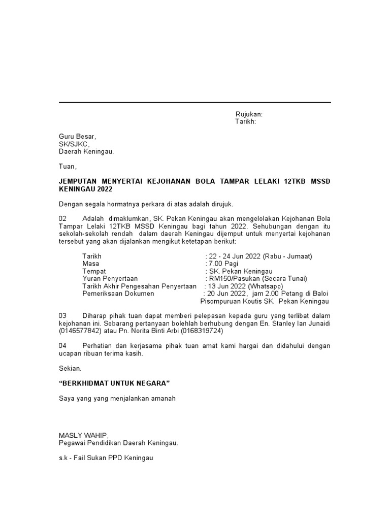 Surat Jemputan Kejohanan Menyertai Bola Tampar MSSD L12TKB | PDF