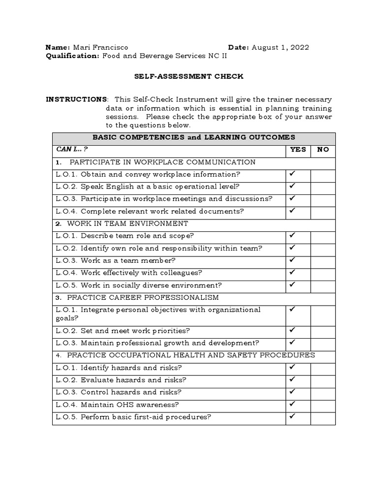 Form 4.1 Self Assessment Check | PDF | Occupational Safety And Health | Restaurants
