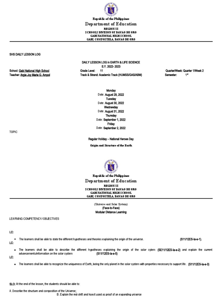 Earth Life Science DLL Week 2 | PDF | Universe | Physical Cosmology