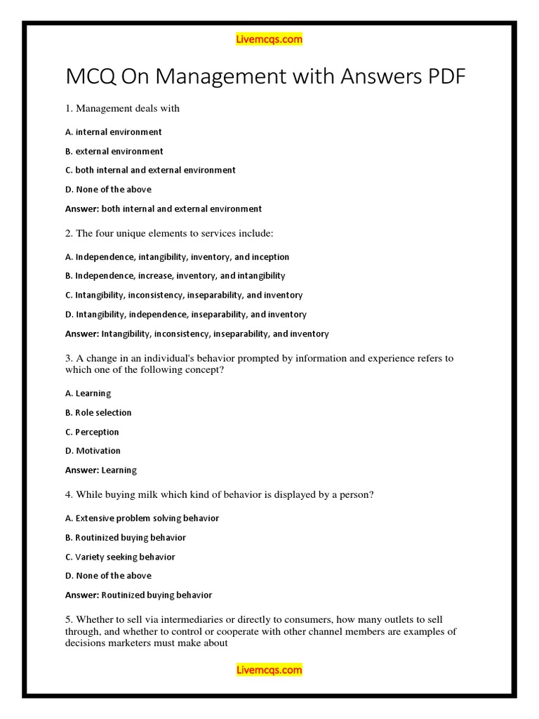MCQ On Management With Answers PDF | PDF | Behavior | Strategic Management