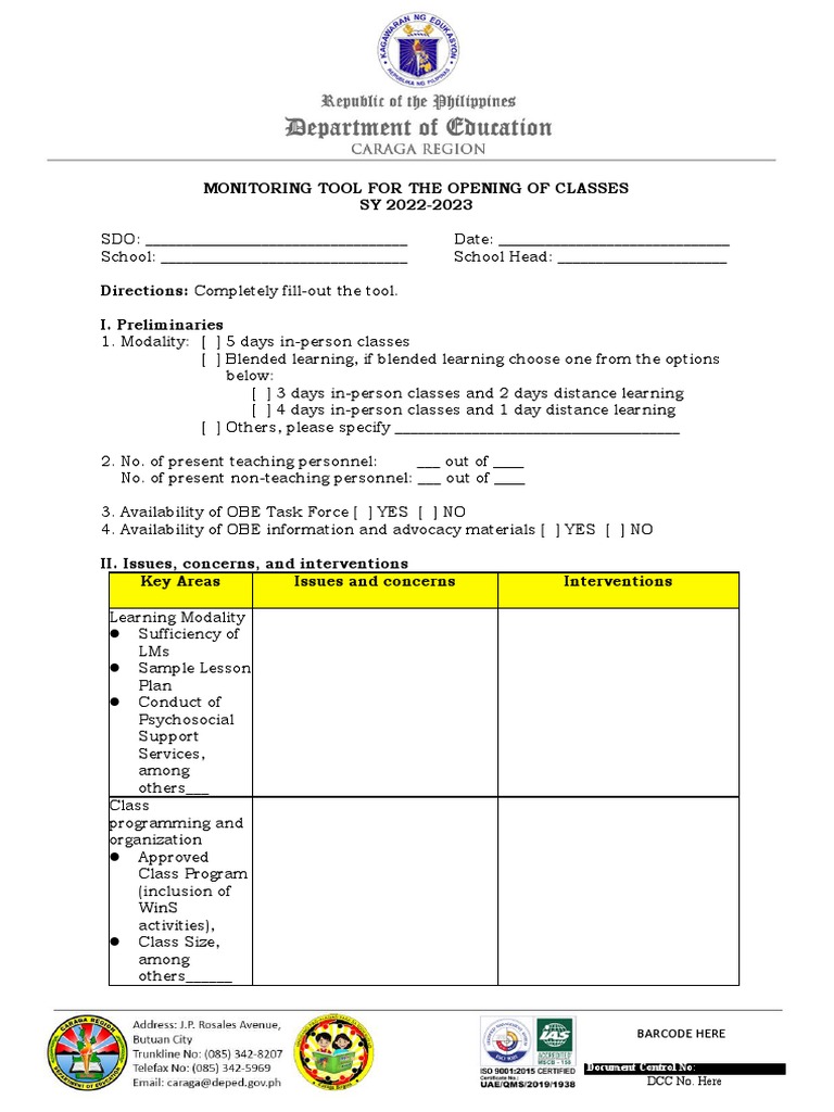 Monitoring Tool For The Opening of Classes SY 2022-2023: Barcode Here ...