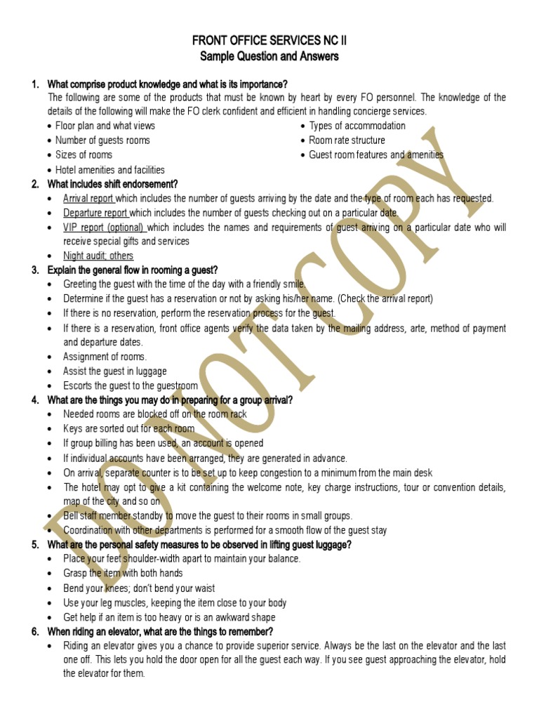 Question and Answers For FRONT OFFICE SERVICES NC II | Download Free ...