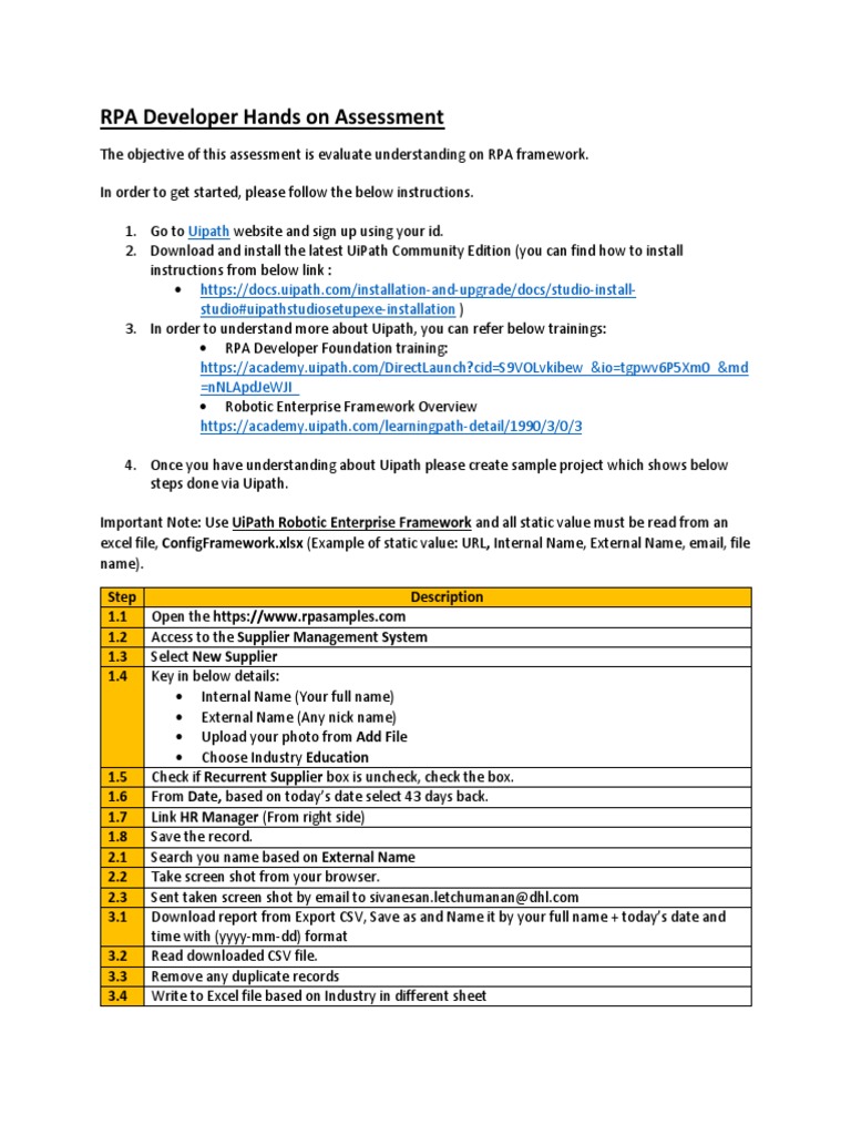 RPA Developer Hands On Assessment: Step Description 1.1 1.2 1.3 1.4 ...