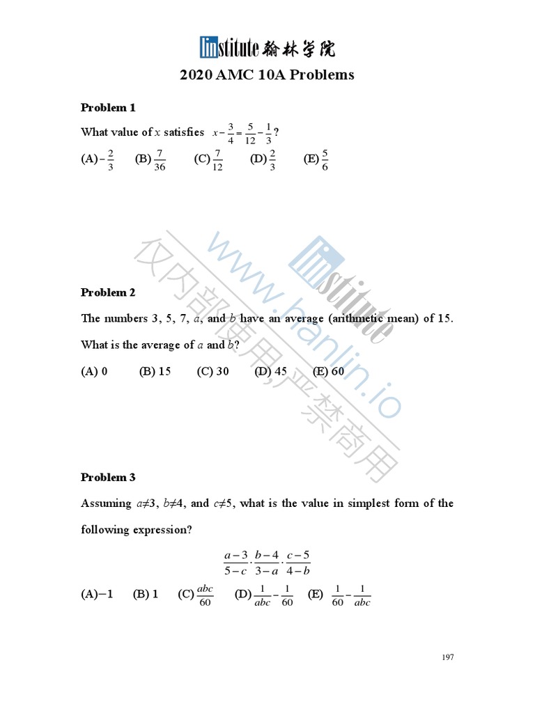 2020 AMC 10A Problems: Problem 1 | PDF | Number Theory | Mathematical ...